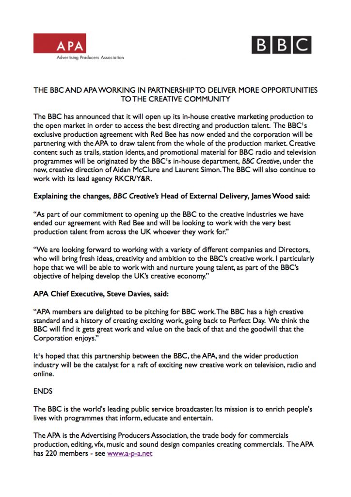 BBC/APA Press release announcing greater opportunities for APA members ...